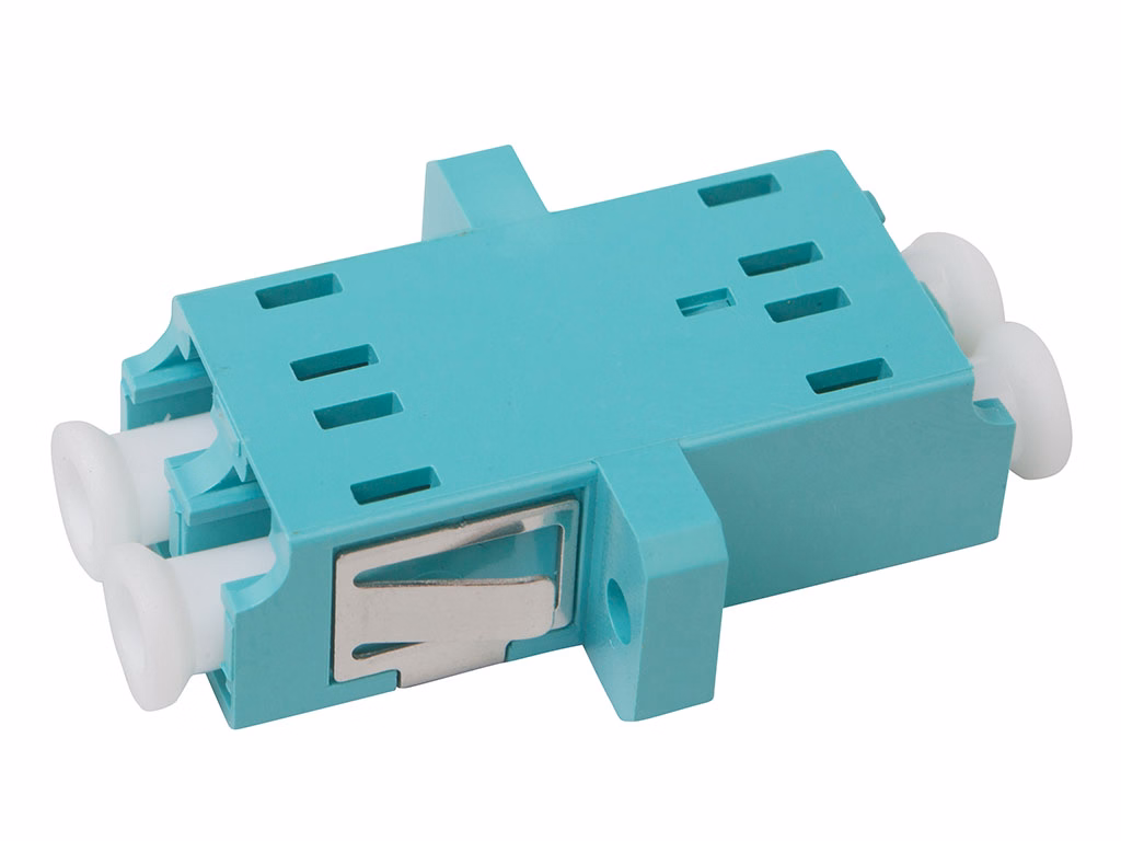 LC/UPC One Body Adapter, Quad, Multimode, Aqua Body, Ceramic Alignment Sleeve, Small Flange, Snap Mount, Plastic Clip