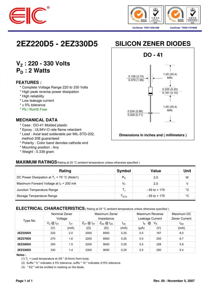 EIC 2EZ220D5 to 2EZ330D5 datasheet page