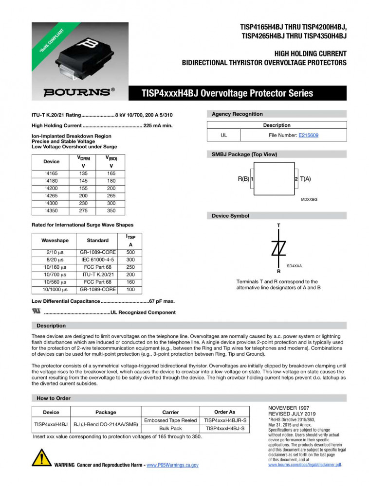 TISP4xxxH4BJ datasheet page 1