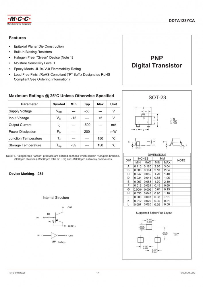 DDTA123YCA-TP datasheet page 1