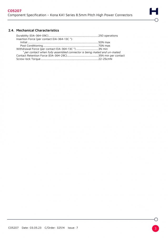 Harwin Kona KA1 Series specification page 3
