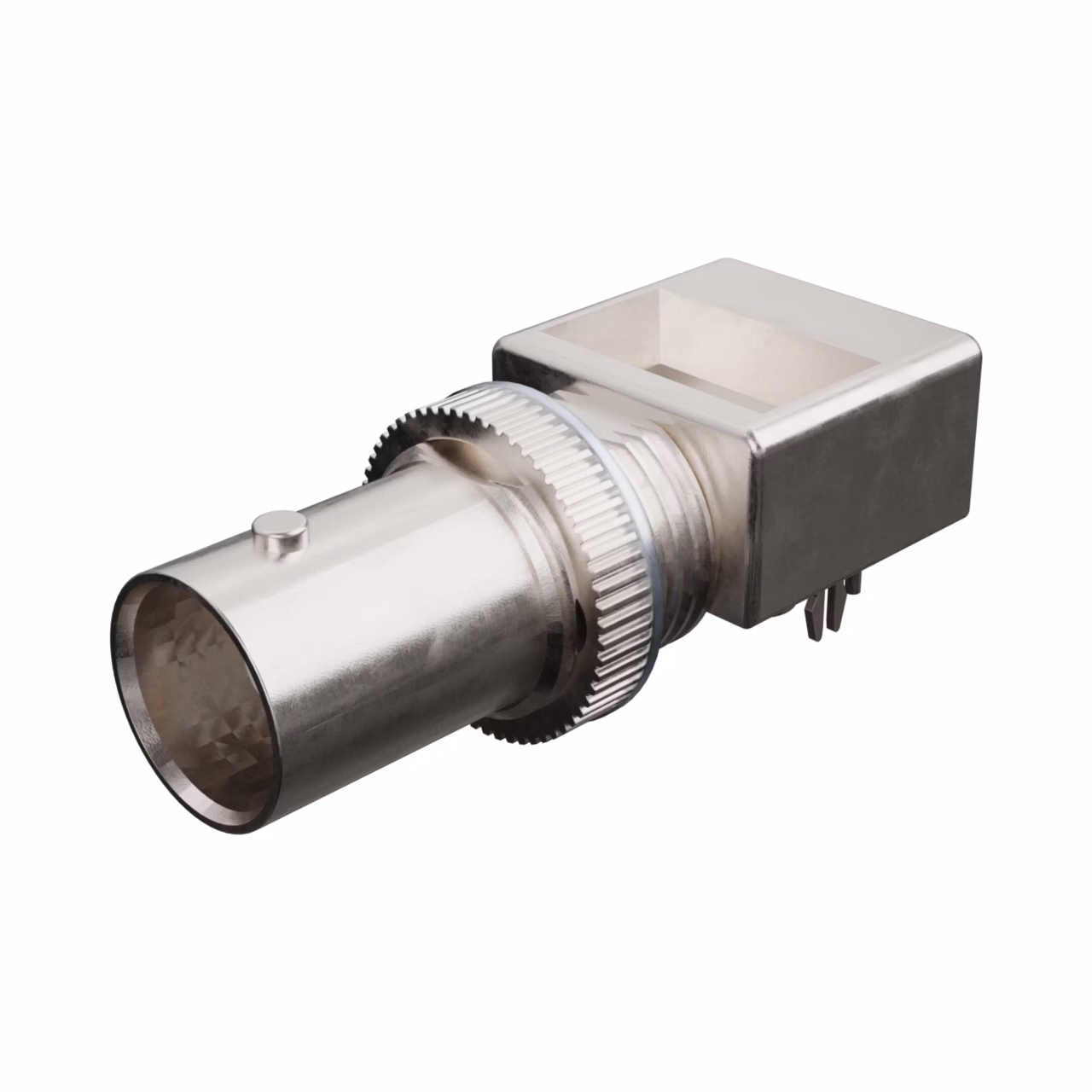 BNC Jack, Right-Angle, Bulkhead Receptacle, PCB, Die Cast Body, Bright Tin (Sn) Plated, Low Profile, Housing Height 8.69mm, Nut and Lockwasher Included, Tray 75 Ohms for sale
