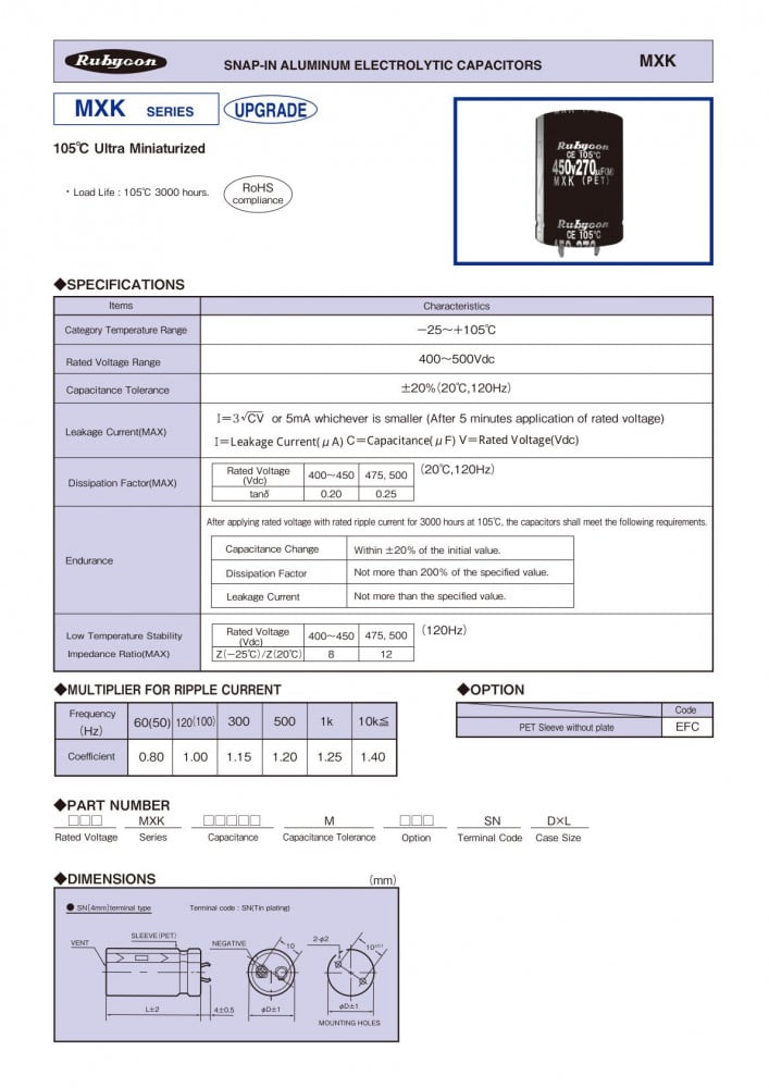 Rubycon MXK series datasheet page 1