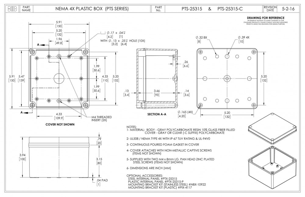 Bud Industries PTS-25315-C enclosure drawing and notes