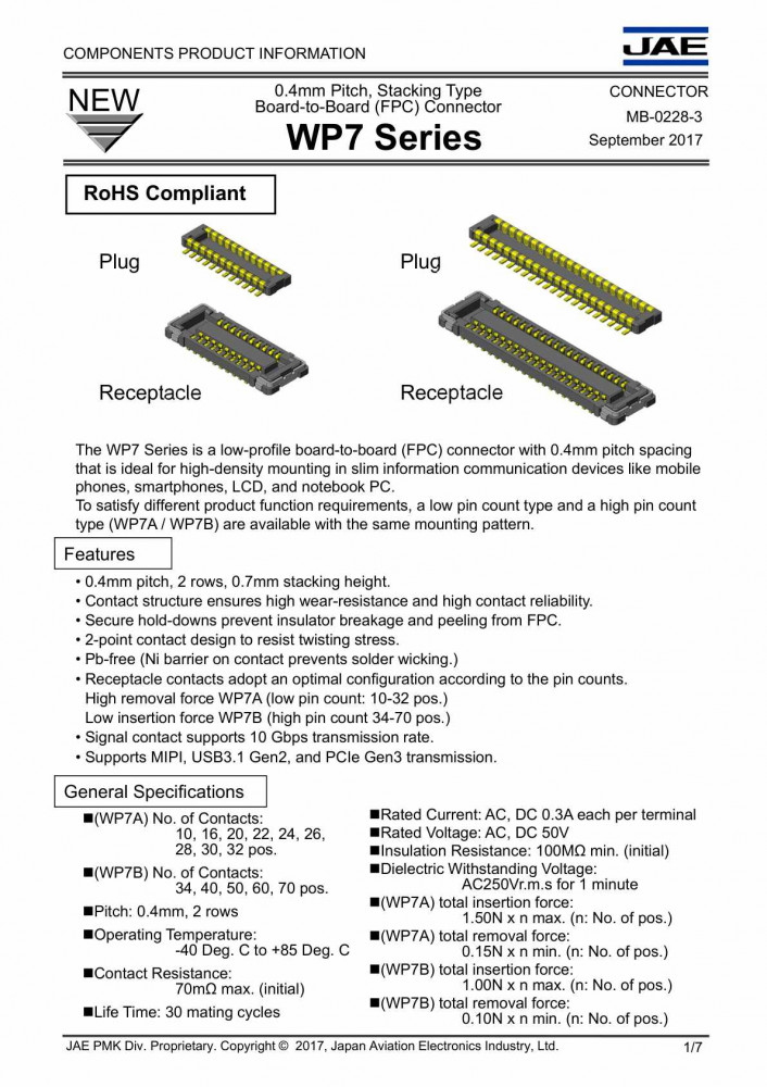 JAE WP7 series document page 1