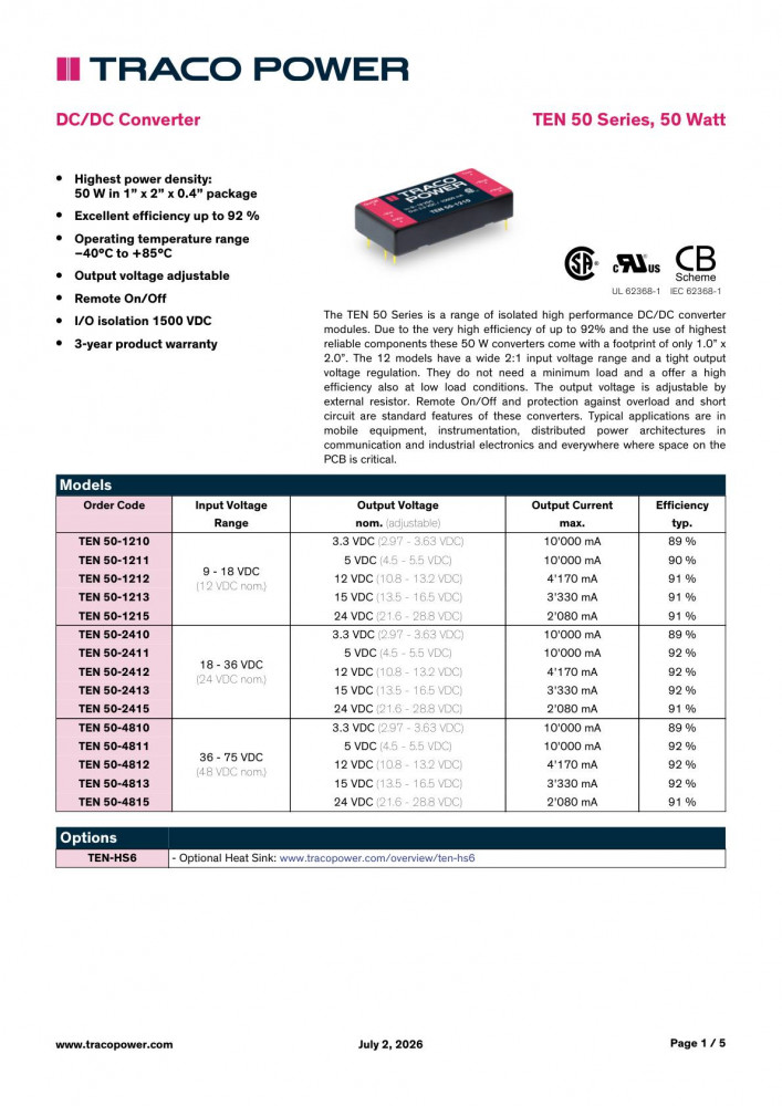 TEN 50 Series datasheet page 1