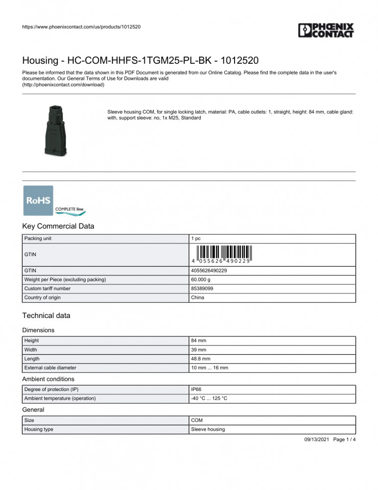 Phoenix Contact 1012520 technical document page 1