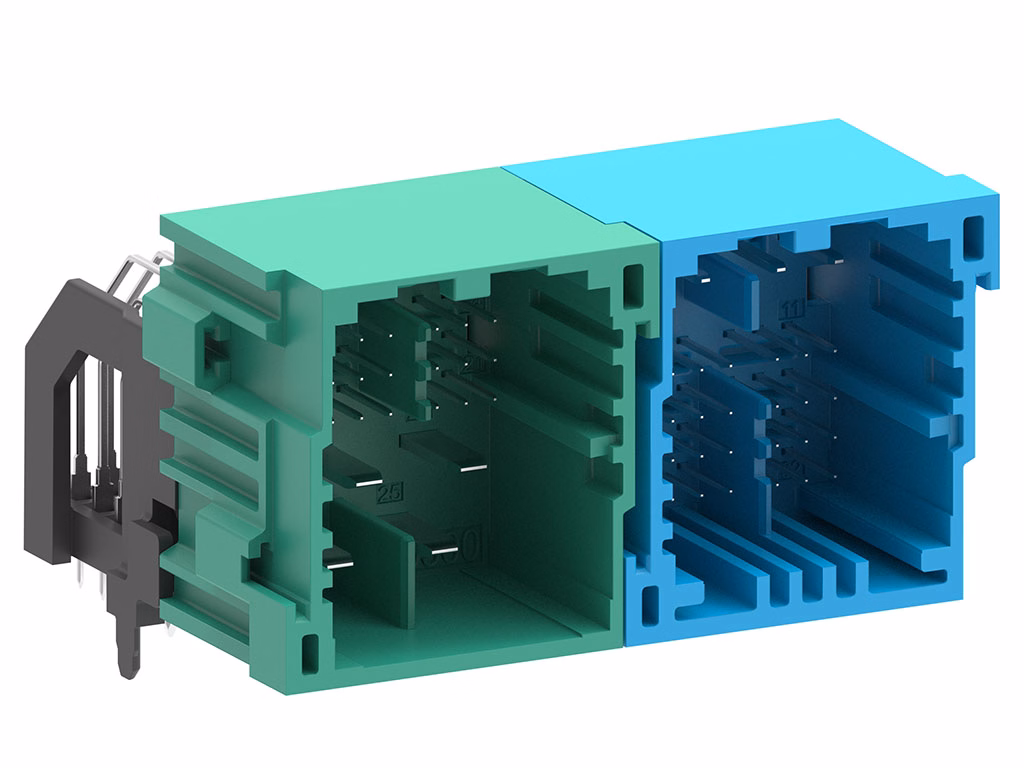 stAK50h 2 Bay Right-Angle Hybrid Header, 57 Circuits, Bay 1: 32 Circuits/Key 2/Blue; Bay 2: 25 Circuits/Key 1/Green; Tray