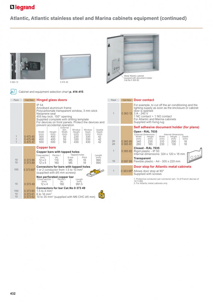 Legrand catalog page showing cabinet accessories and copper-bar connector information