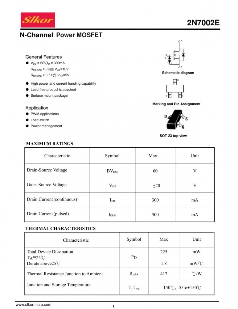2N7002E datasheet page 1