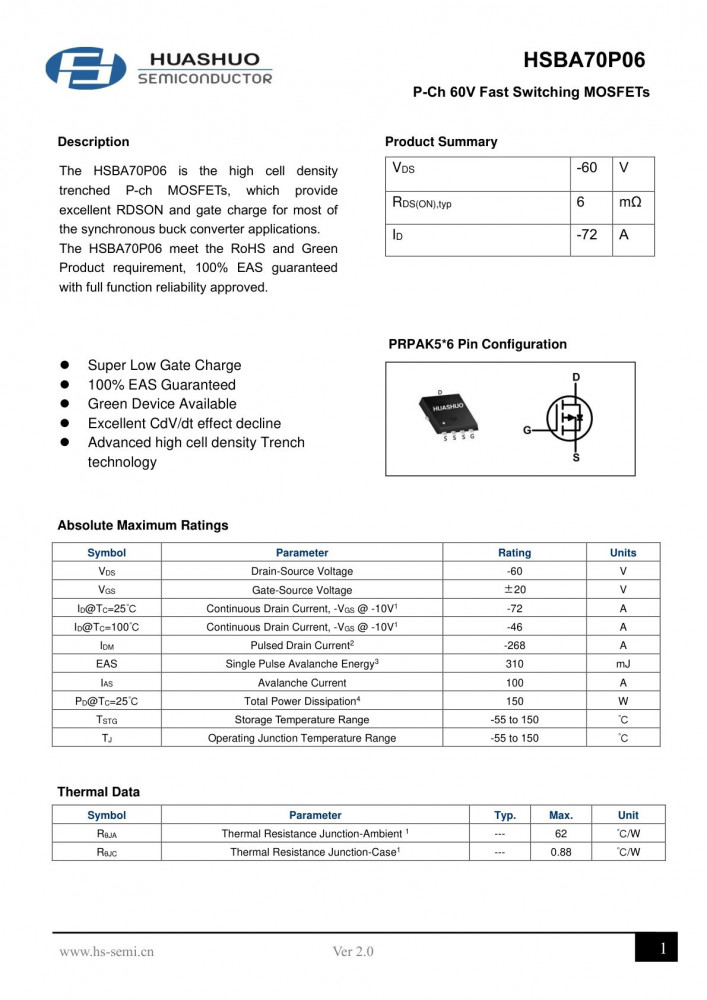 HSBA70P06 datasheet page 1