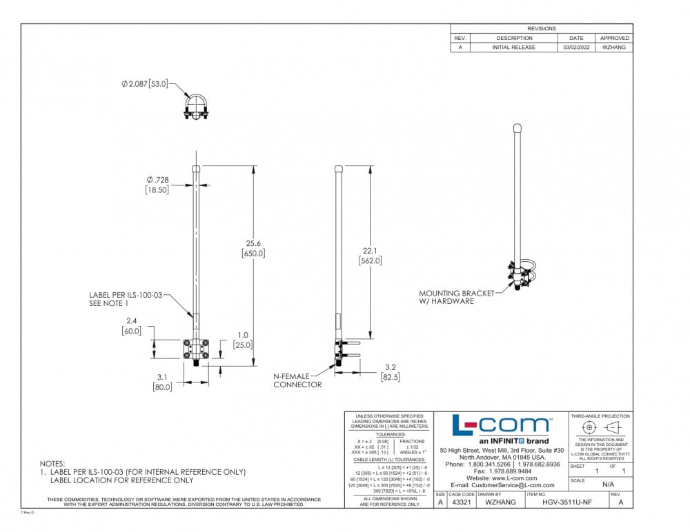 L-com HGV-3511U-NF technical drawing page