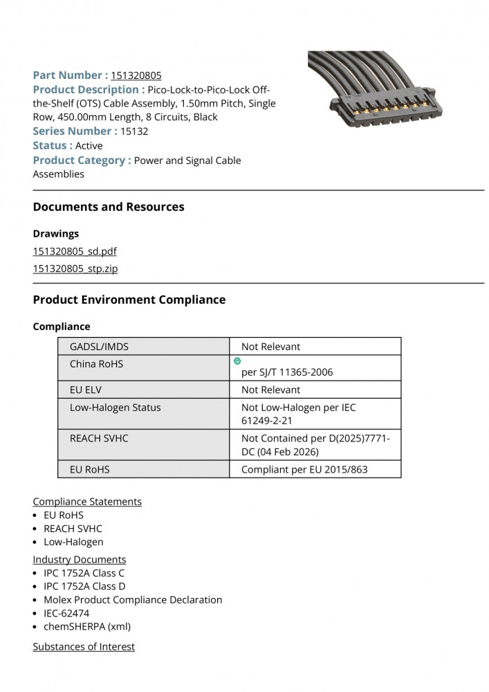 MOLEX 151320805 technical drawing, page 1