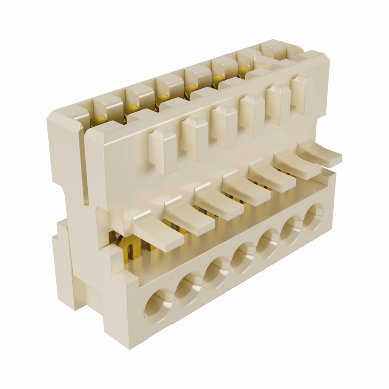 Appli-Mate RAST 2.5 Connector, 2.50mm Pitch, Female, 7 Circuits, Positions A and H Removed, Polarizing Rib Between 2/3, Locking Pips, Slotted Endwalls, Tin Plating