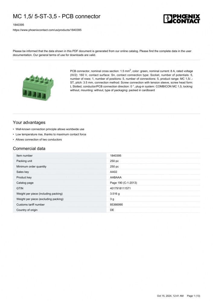 Phoenix Contact 1840395 technical document page 1
