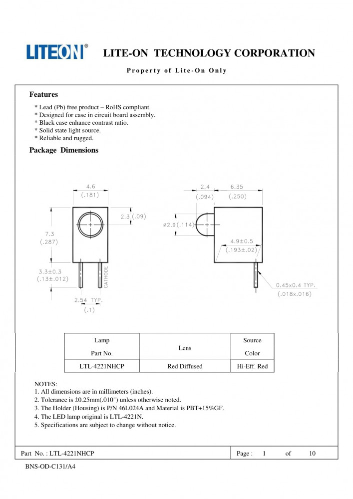 LTL-4221NHCP datasheet page 2