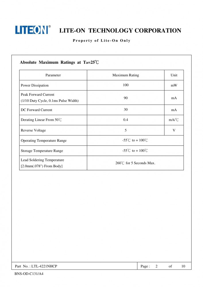 LTL-4221NHCP datasheet page 3