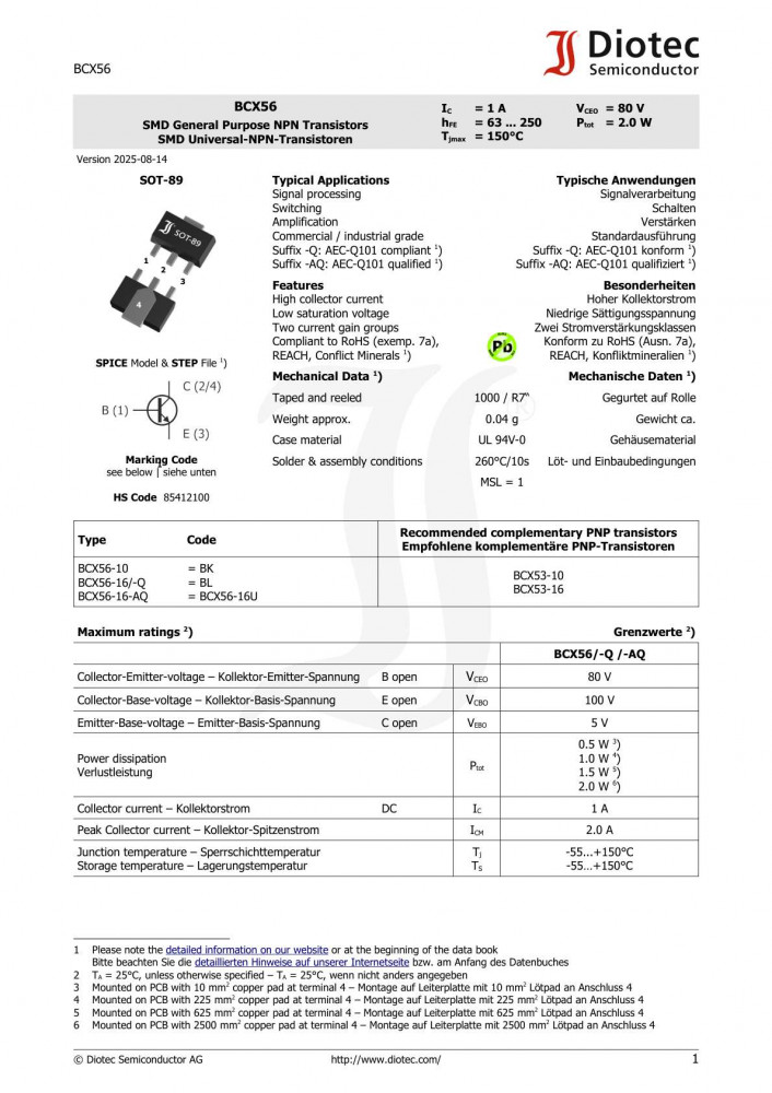 DIOTEC BCX56-16 datasheet page 1