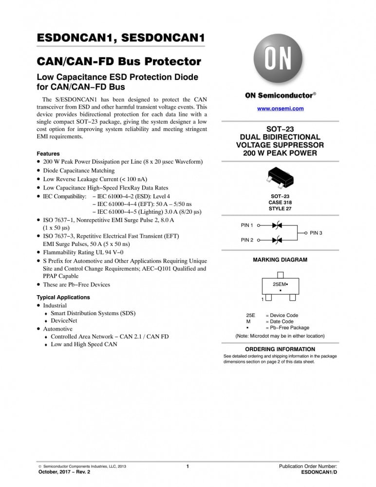 ESDONCAN1LT1G datasheet page 1