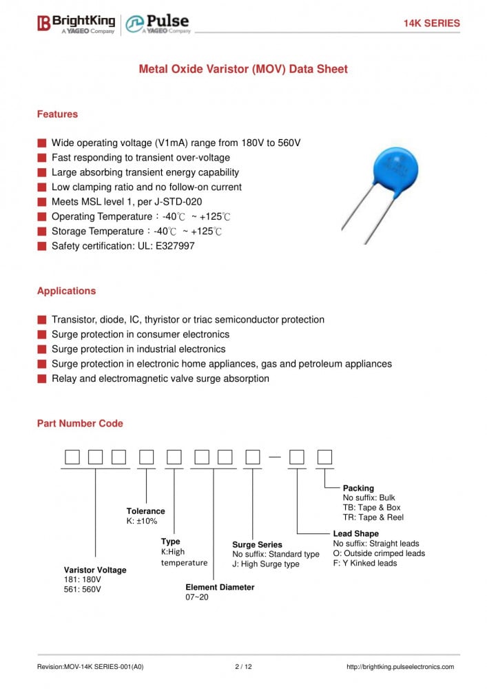 Brightking MOV datasheet page 1