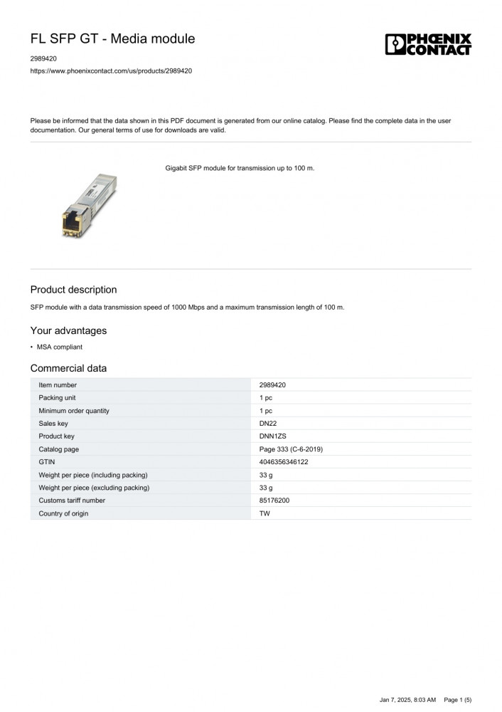 Phoenix Contact 2989420 technical document page 1