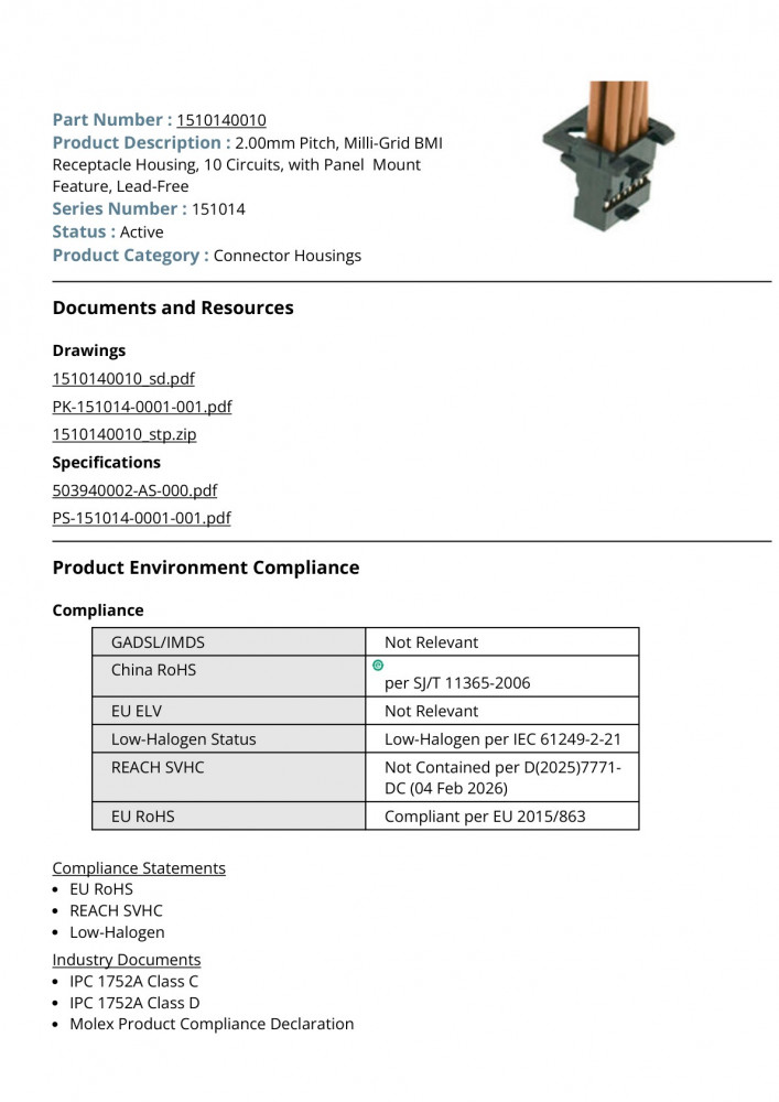 MOLEX 151014 product specification page image 1