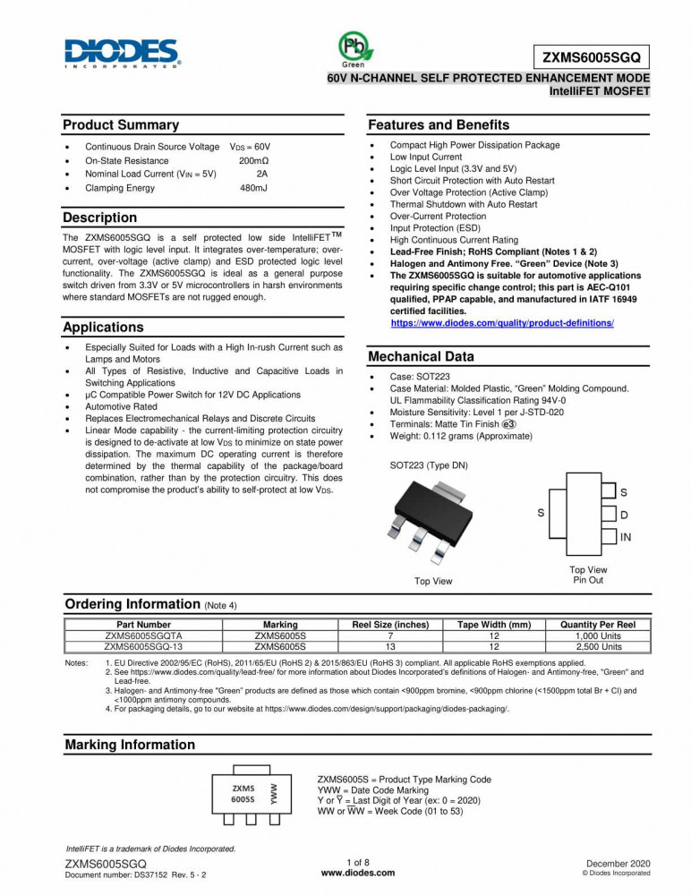 ZXMS6005SGQTA datasheet page 1