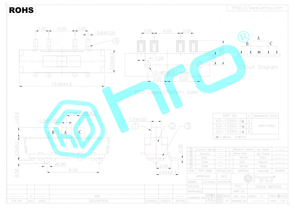 K3-1336S-L1 HRO toggle switch drawing