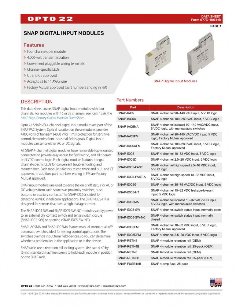 SNAP digital input modules datasheet page 1