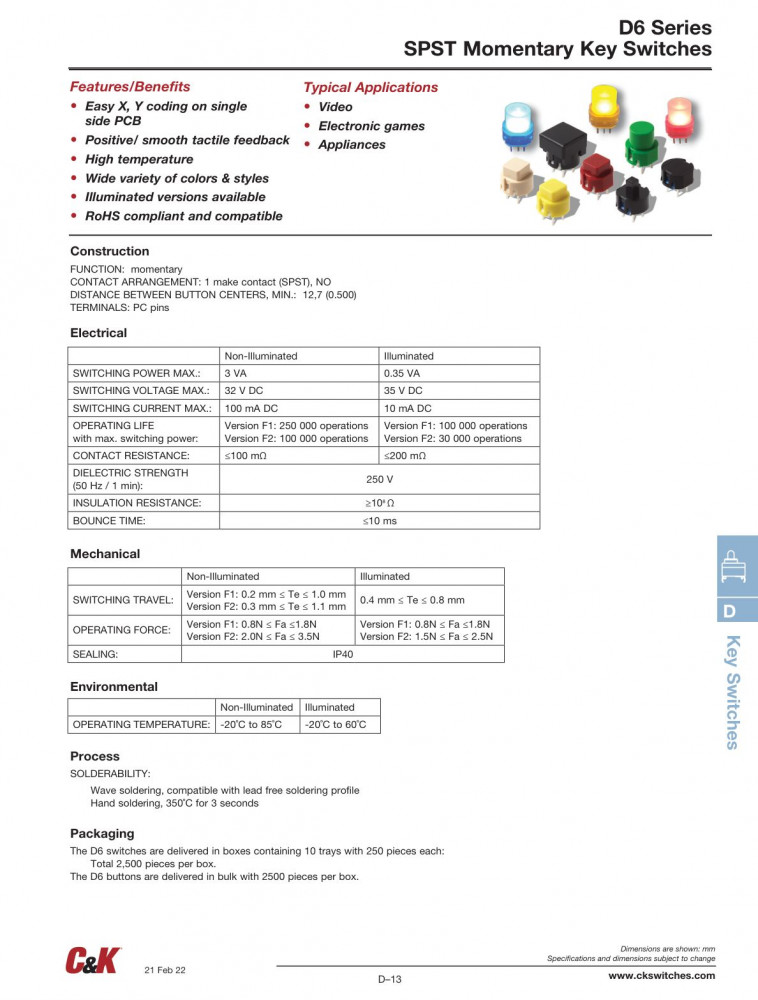C&K D6 series technical document page 1