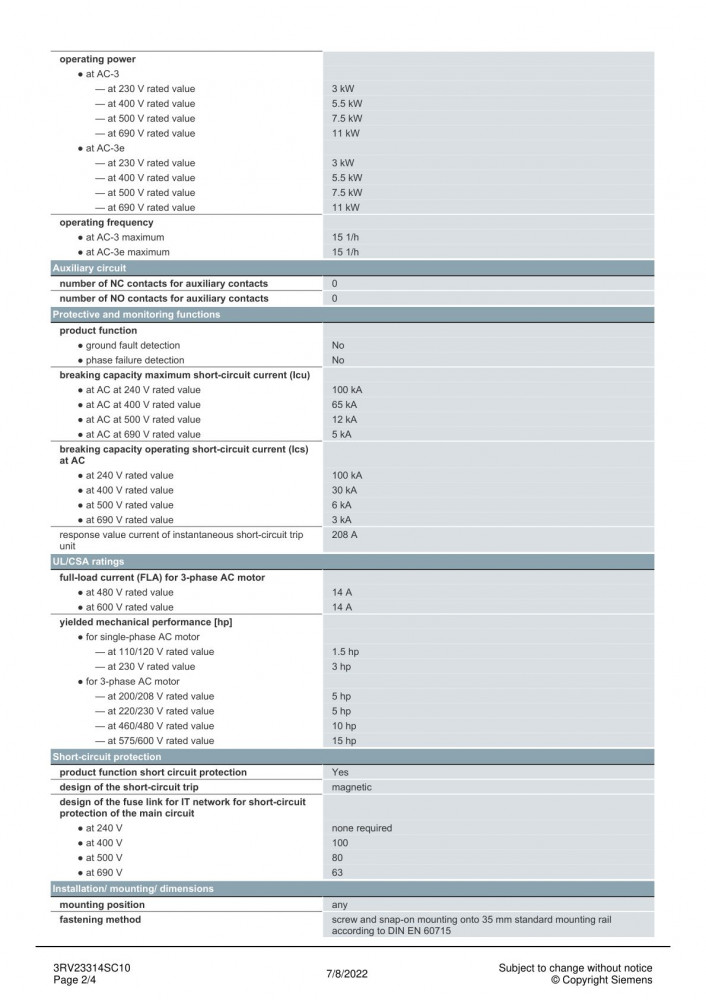 3RV23314SC10 technical document page 2