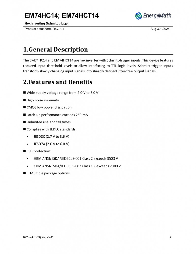 EM74HCT14PW datasheet page 1