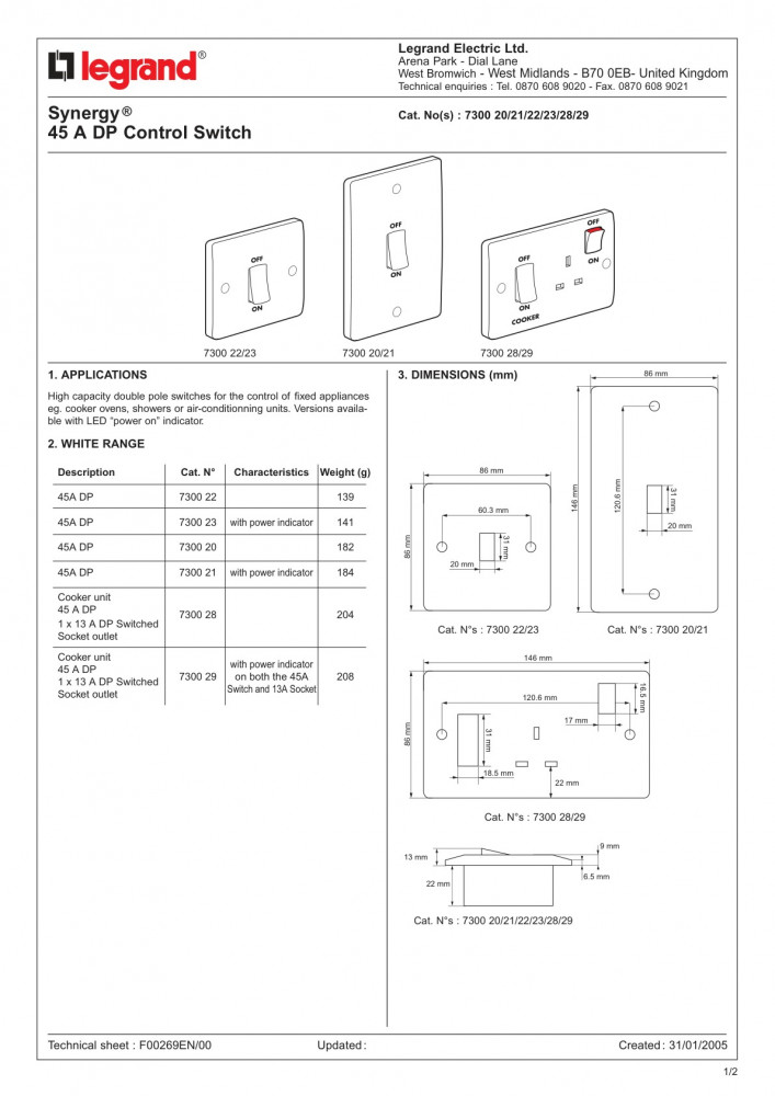 Legrand Synergy 45 A DP control switch technical document, page 1