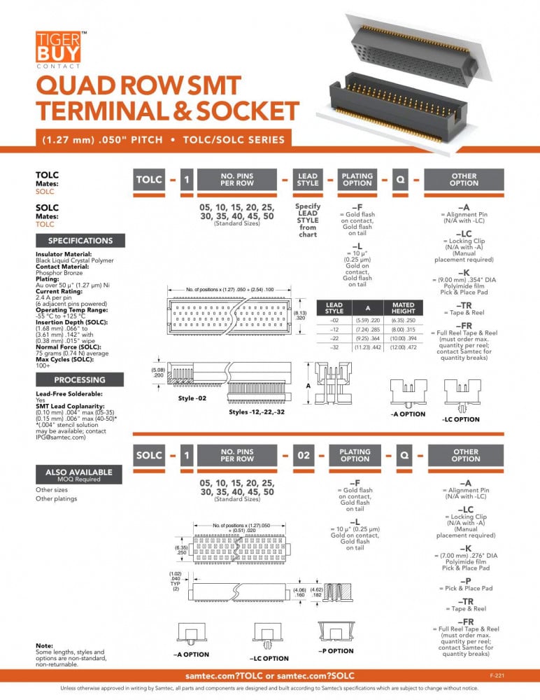 Samtec TOLC/SOLC series technical specification page