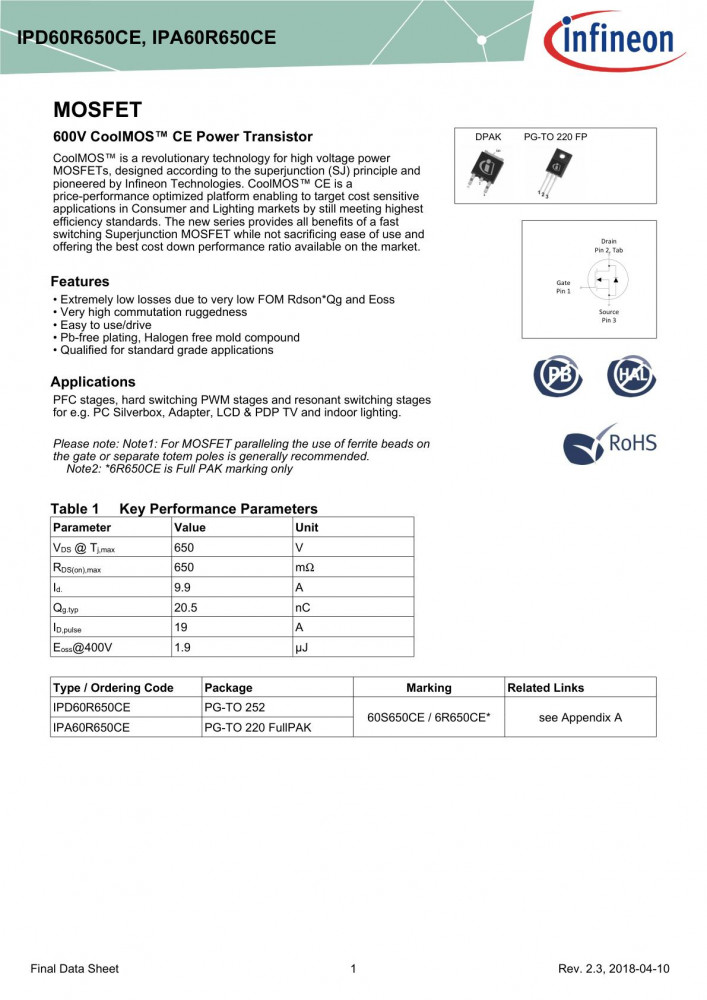 IPD60R650CE datasheet page 1