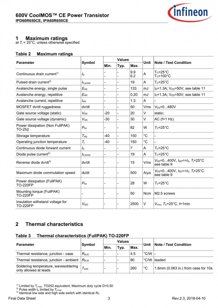 IPD60R650CE datasheet page 3