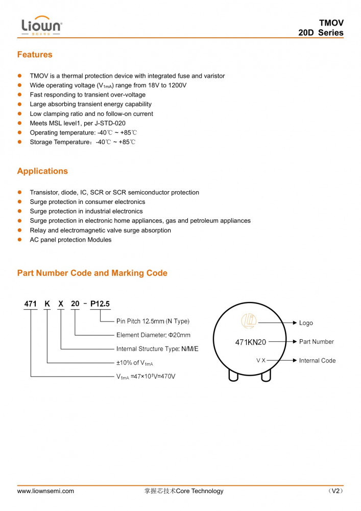 Liown TMOV datasheet page 1