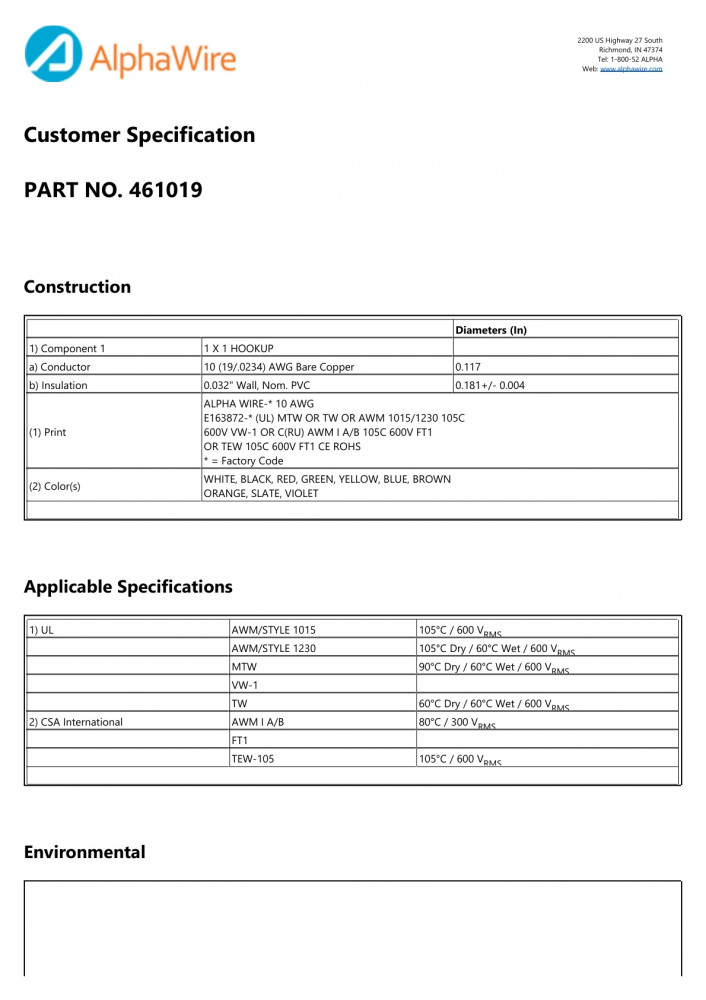 Alpha Wire 461019 technical document page 1