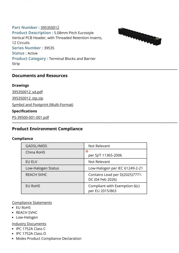 Molex ESE Eurostyle terminal blocks document page 1