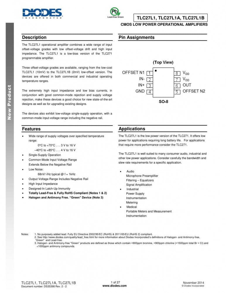 TLC27L1AIS-13 datasheet page 1