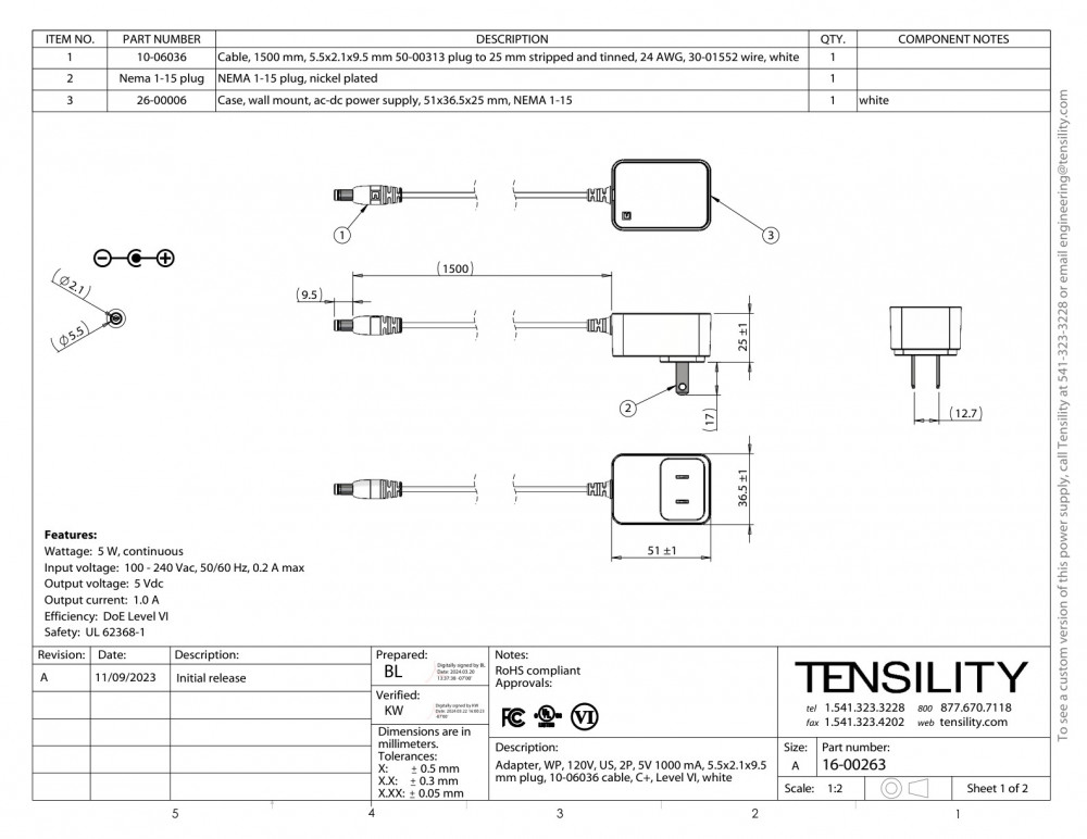 Tensility 16-00263 adapter specification drawing, page 1