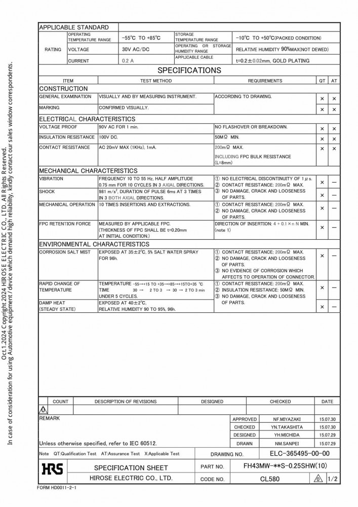 HRS FH43MW specification sheet page 1