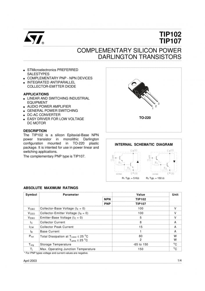 ST TIP107 datasheet page 1