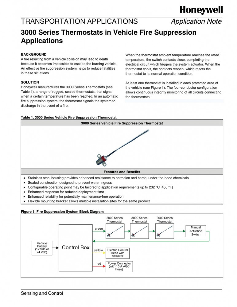 Honeywell 3000 Series vehicle fire suppression thermostat application document page 1