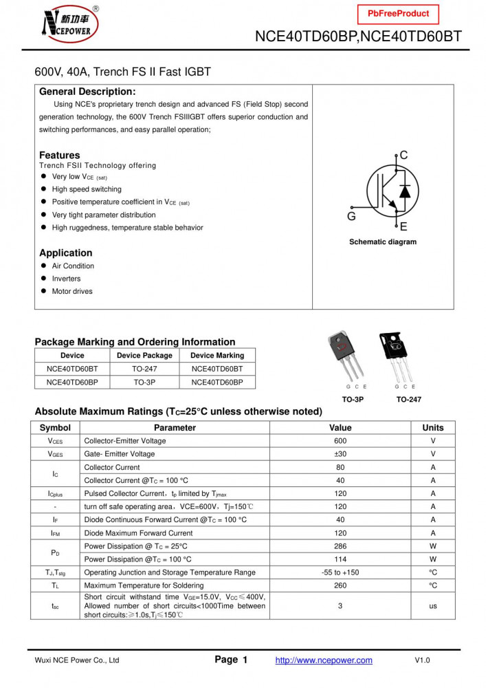 NCE40TD60BT datasheet page 1