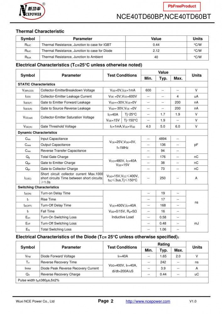 NCE40TD60BT datasheet page 2