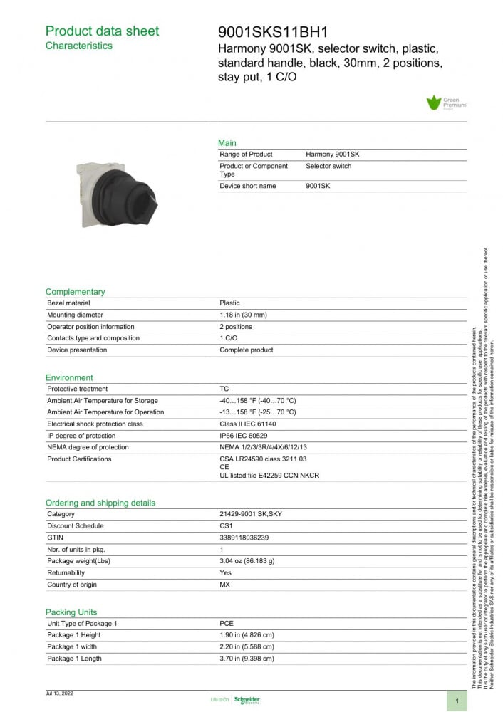 9001SKS11BH1 technical document page 1