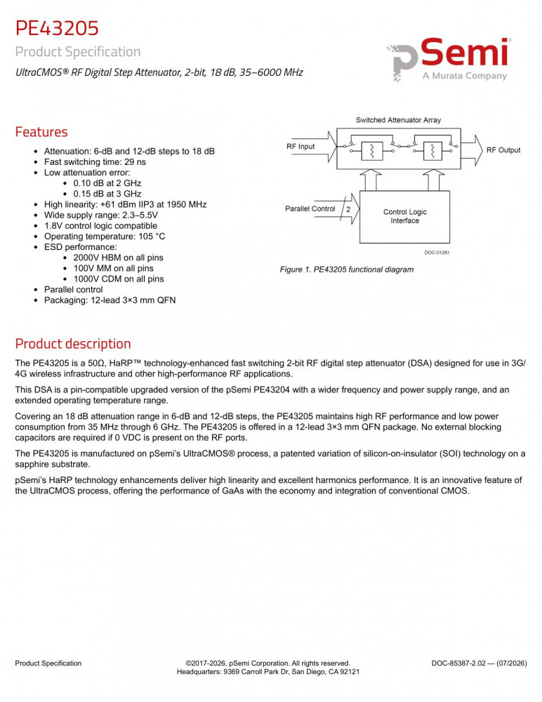 PE43205 document preview, page 1