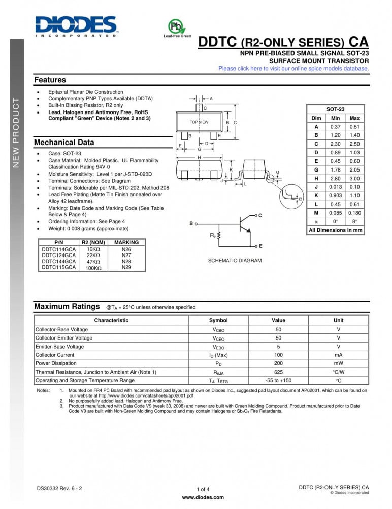 DDTC115GCA-7-F datasheet page 1