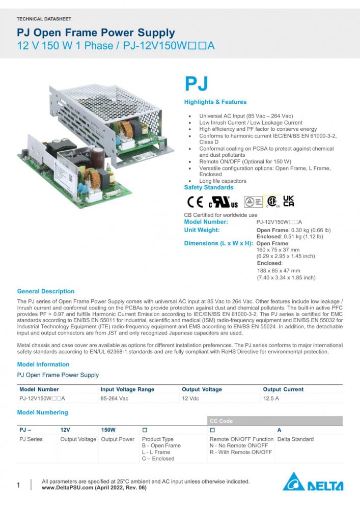 DELTA PJ datasheet page 1